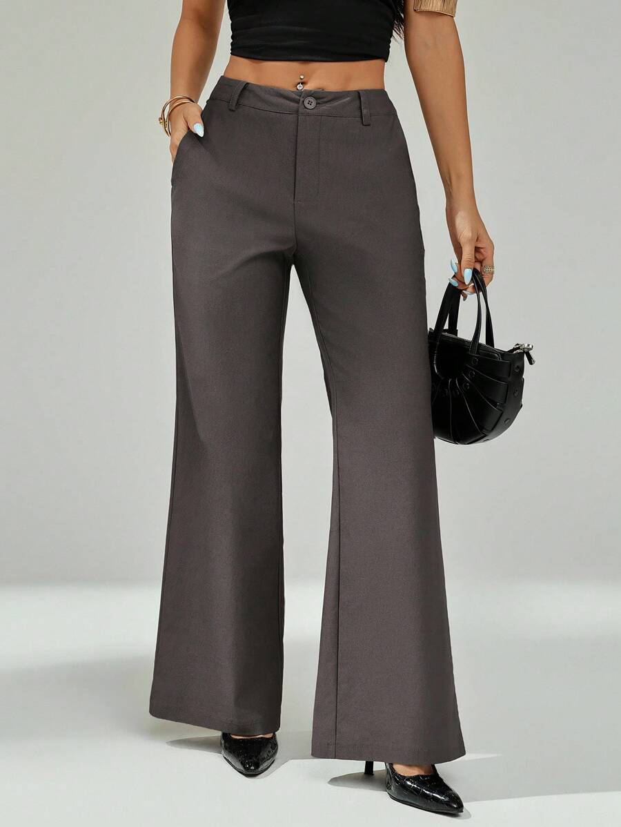 SHEIN PETITE Women's Casual Gray Solid Color Long Flared Slim Fit Dress ...