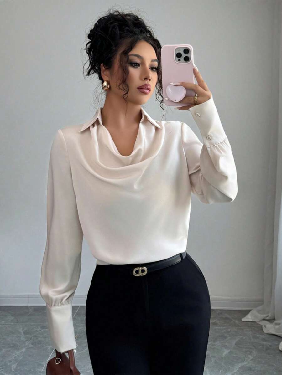 Elenzga Women's Simple Elegant Solid Color Drape Collar Long Sleeve ...