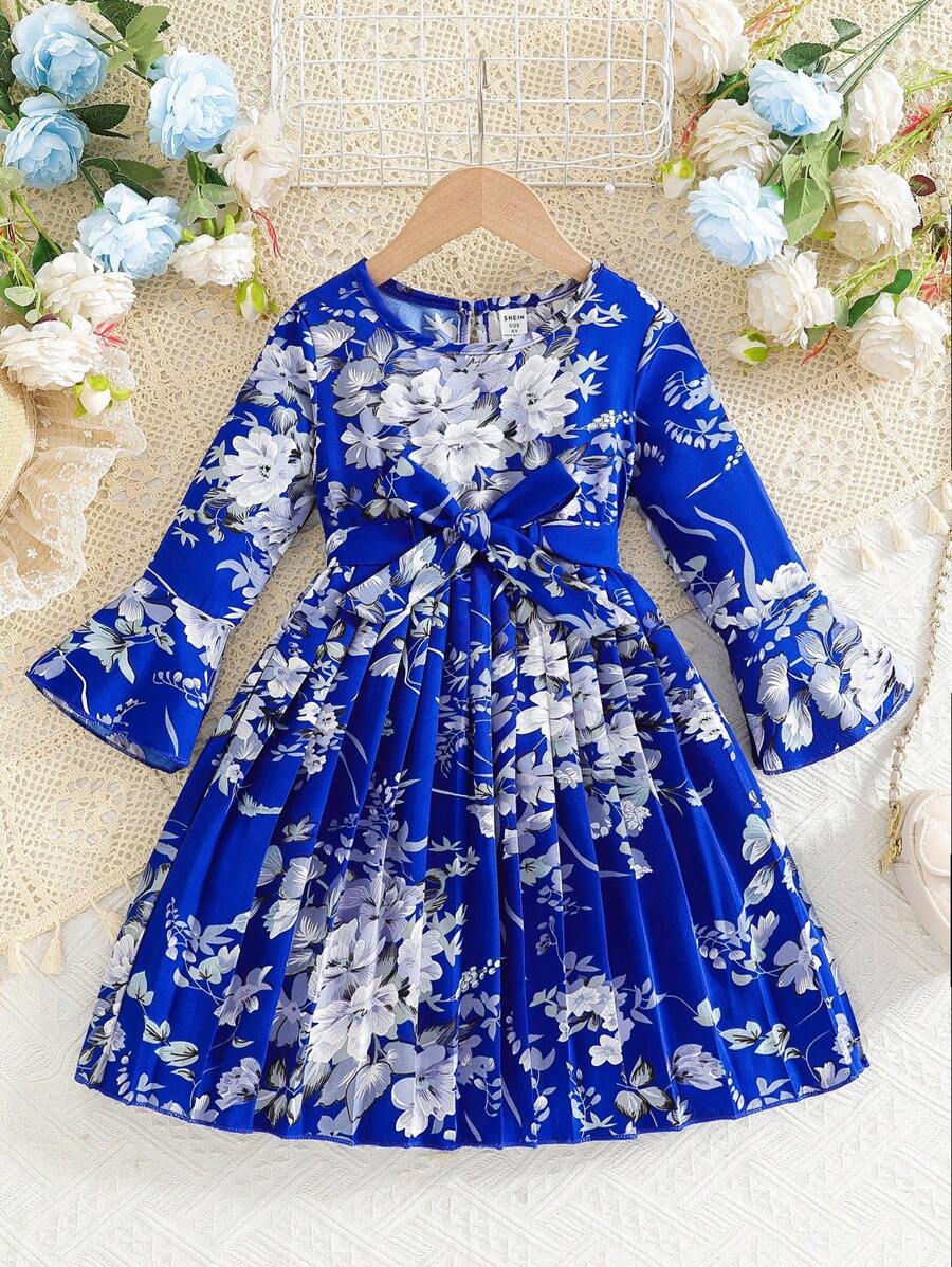 SHEIN Klein Meisjes Bloemenprint Met riem Klokmouwen Jurken | SHEIN Nederland