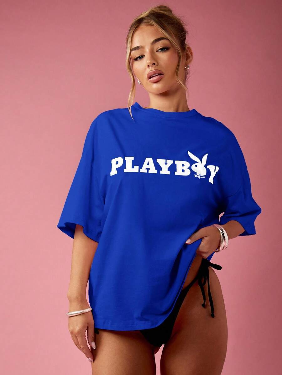 Missguided x Playboy MISSGUIDED Oversized Graphic T Shirt With Front Logo Print Short Sleeve ...