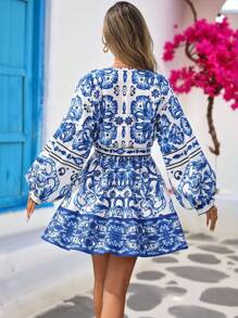 Vivid Eden Women's White And Blue Allover Print Long Sleeve Mini Dress ...