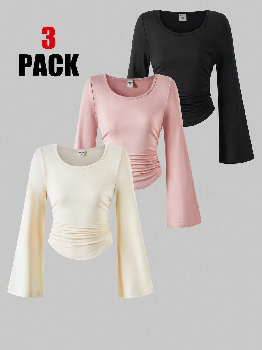 Blusa de manga larga, cuello redondo y ajustada con volantes para niñas ...