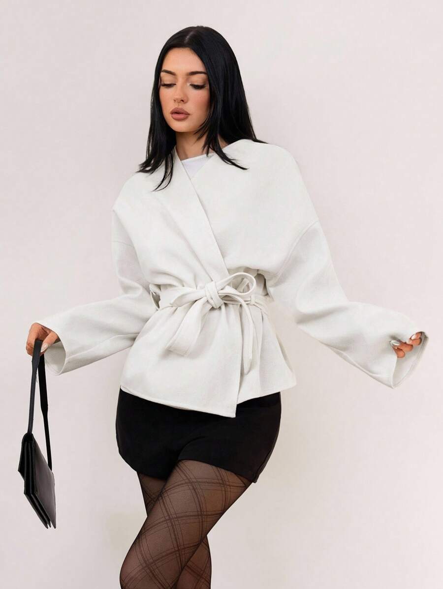 SHEIN Tall Women's Elegant Minimalist Solid Off-White Front Open Raglan ...