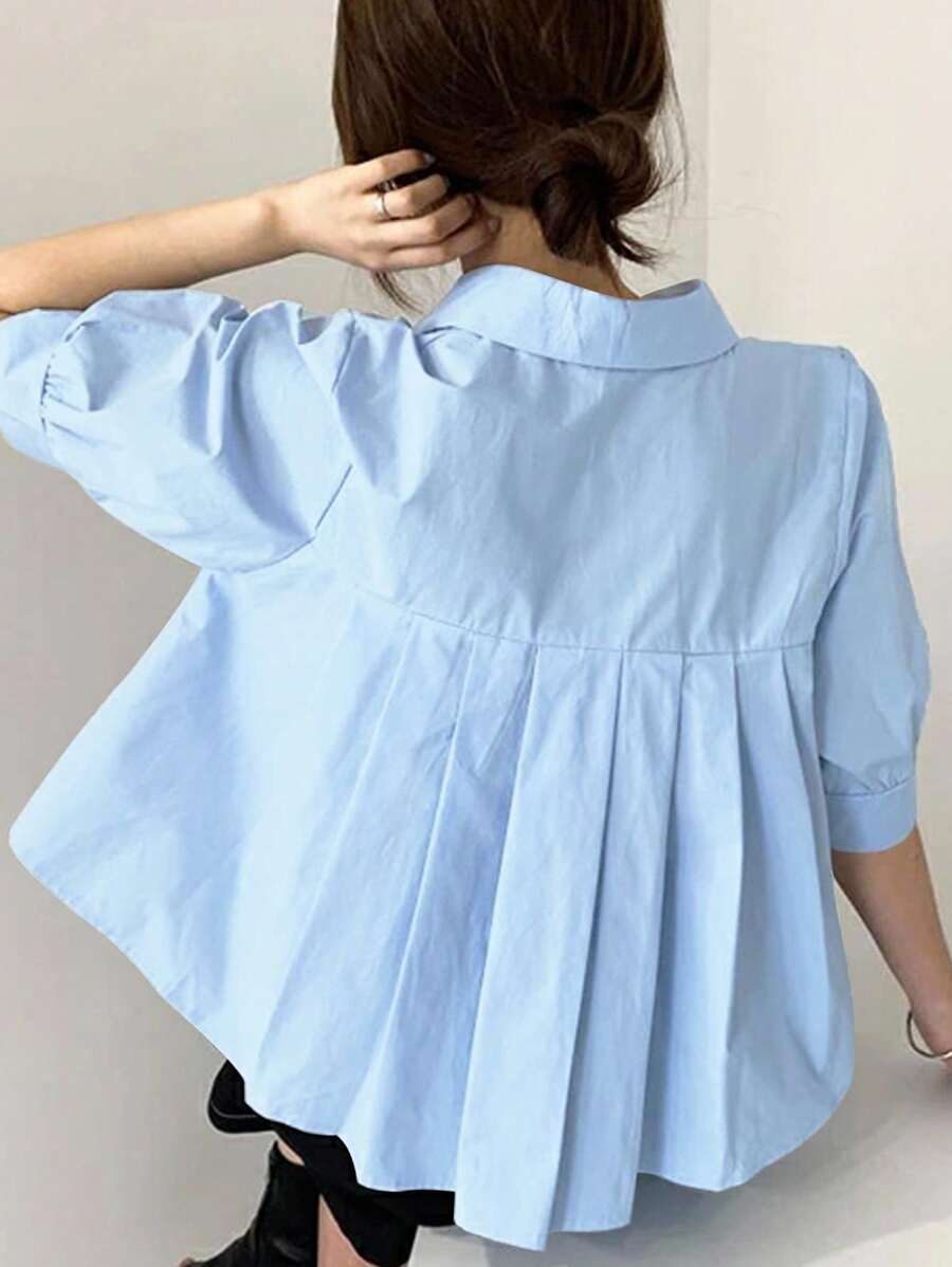 Zielony Women's Fresh Pleated Short Sleeve Collared Solid Color Blouse ...