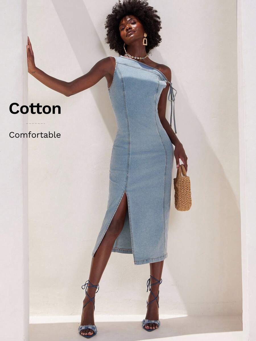 SHEIN Unity Vestido de denim, hombros descubiertos, entallado, para ...