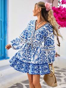 Vivid Eden Women's White And Blue Allover Print Long Sleeve Mini Dress ...
