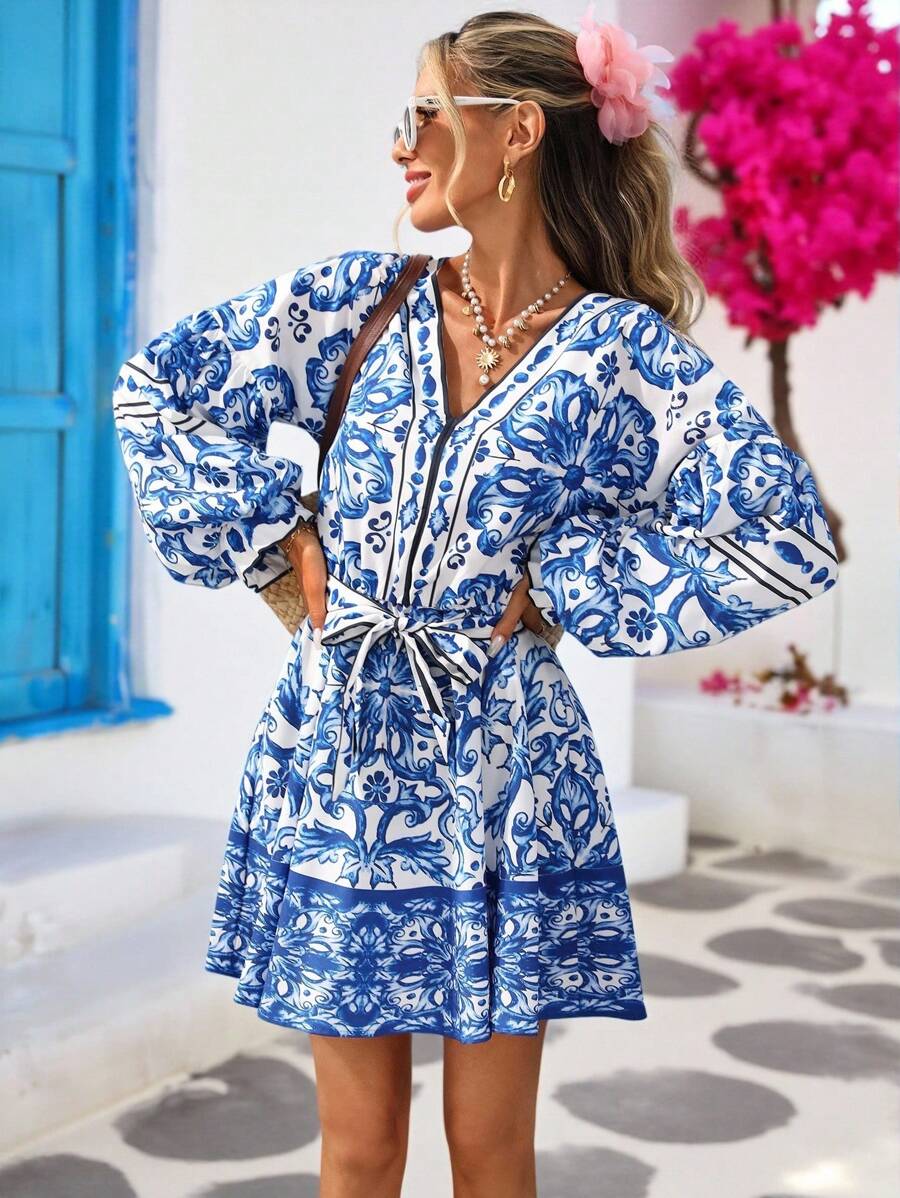 Vivid Eden Women's White And Blue Allover Print Long Sleeve Mini Dress ...