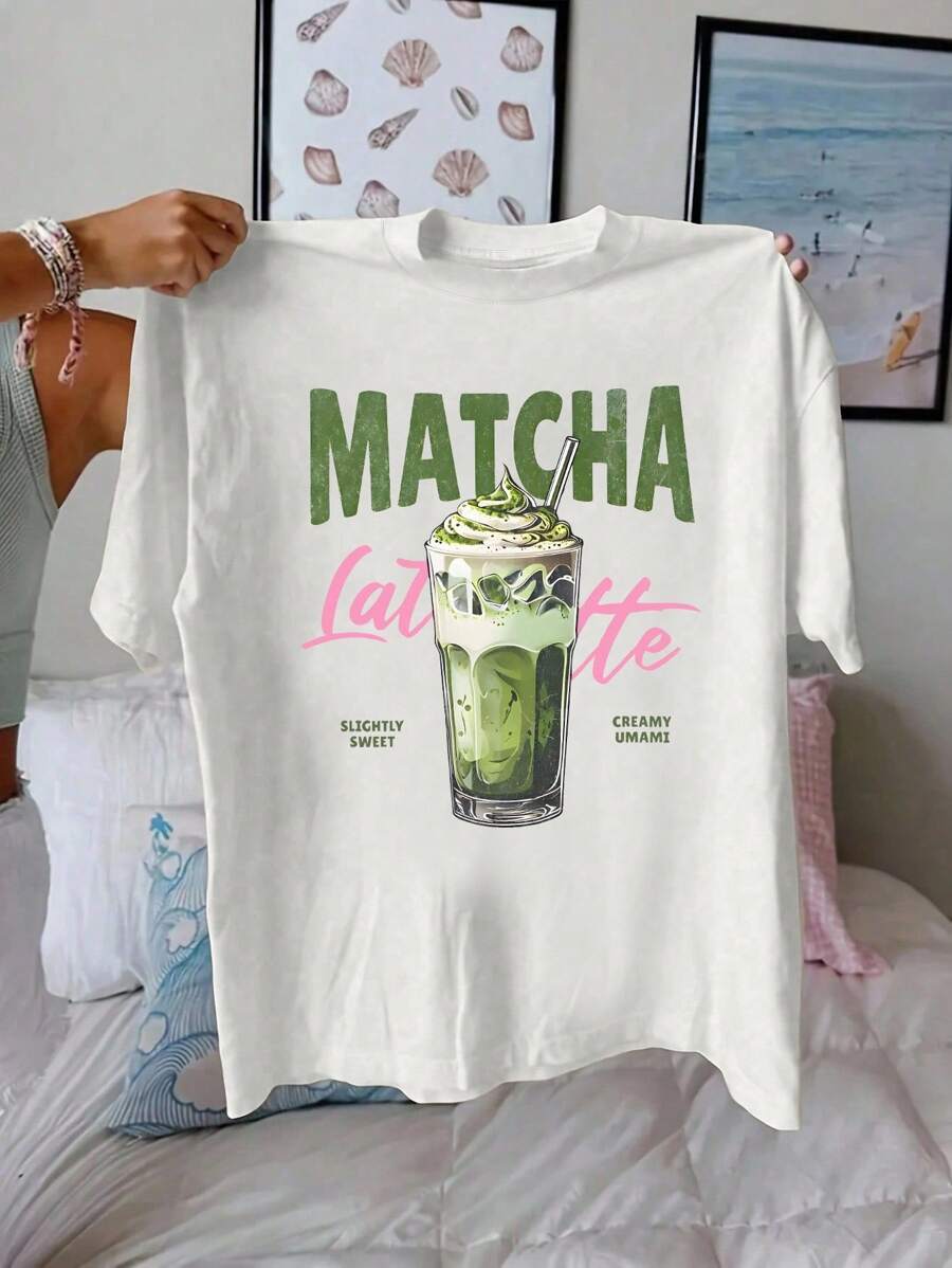 DrmWander Plus Size Women's Matcha Lover Letter & Drink Print Round ...