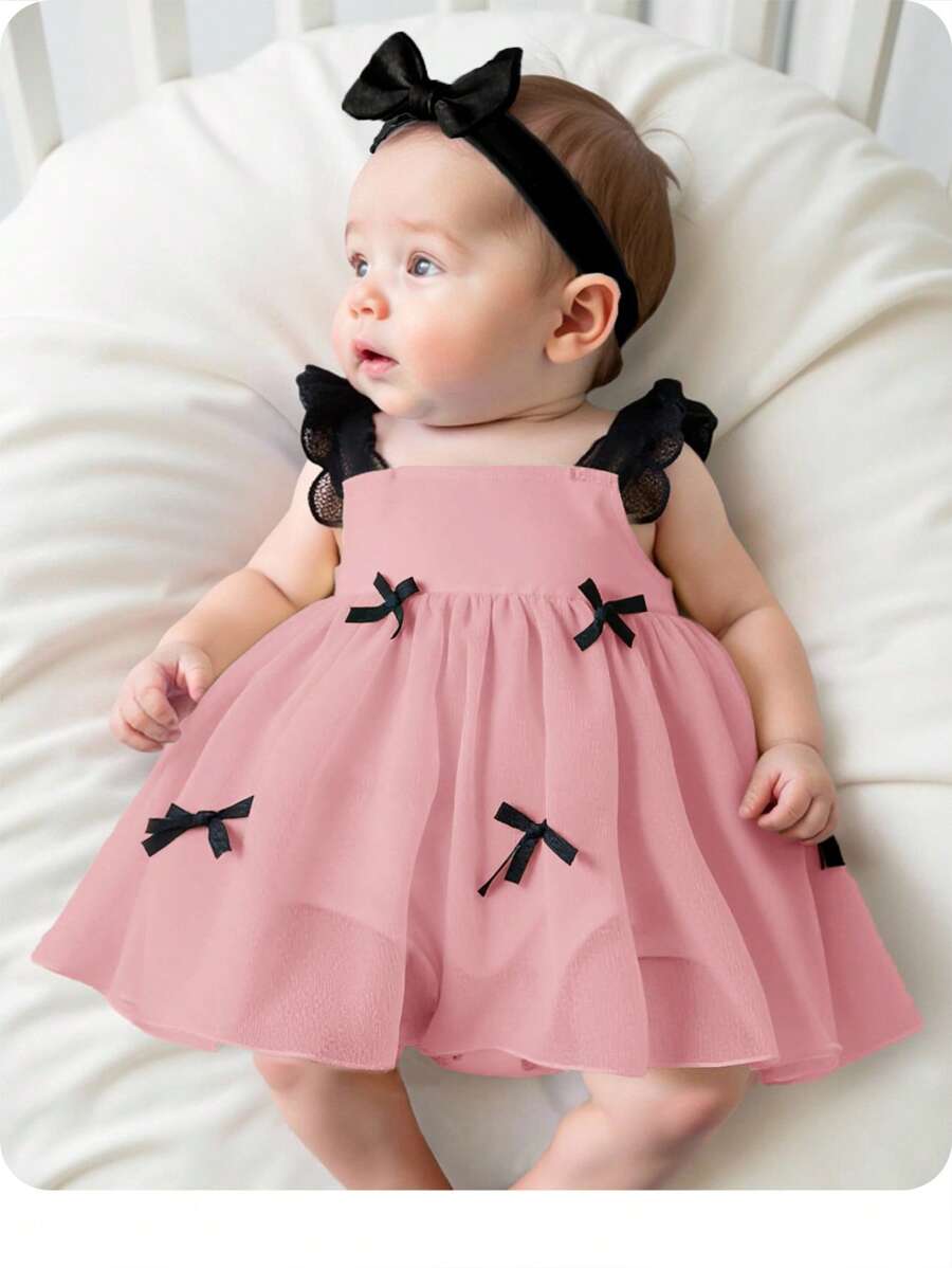 Newborn Baby Girl Cute & Elegant Summer Pink Bow Strap Bodysuit | SHEIN USA