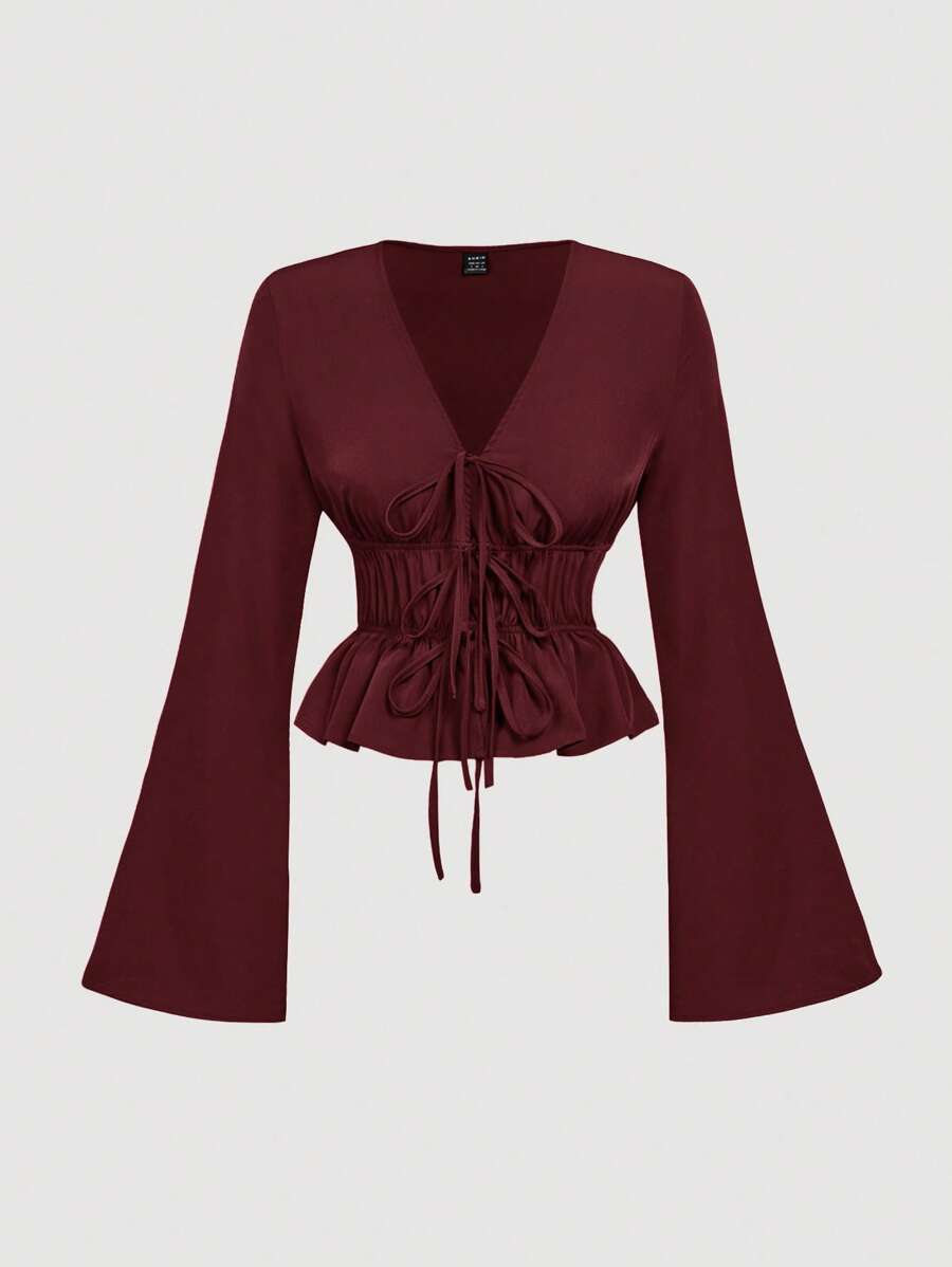 SHEIN MOD Burgundy Women's Tie Front Flare Sleeve Blouse, Hollowed ...