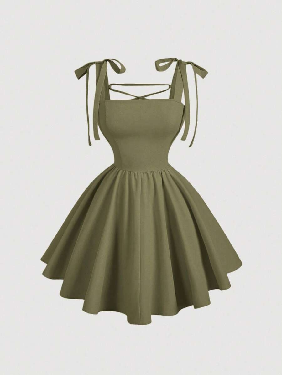 SHEIN MOD Abito verde oliva romantico con schiena scoperta e fiocco ...