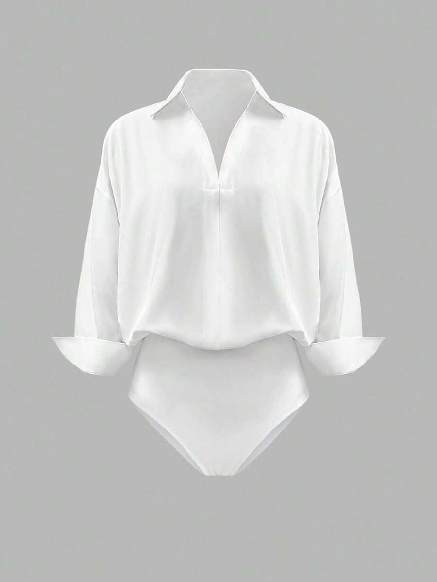 Airaco بدلة نسائية كاجوال واسعة بأكمام طويلة ذات لون أبيض بسيط | شي إن