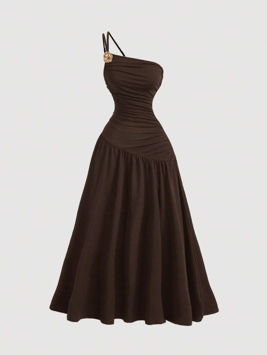 SHEIN MOD Elegant Summer Coffee Brown One-Shoulder Maxi Dress,Retro ...
