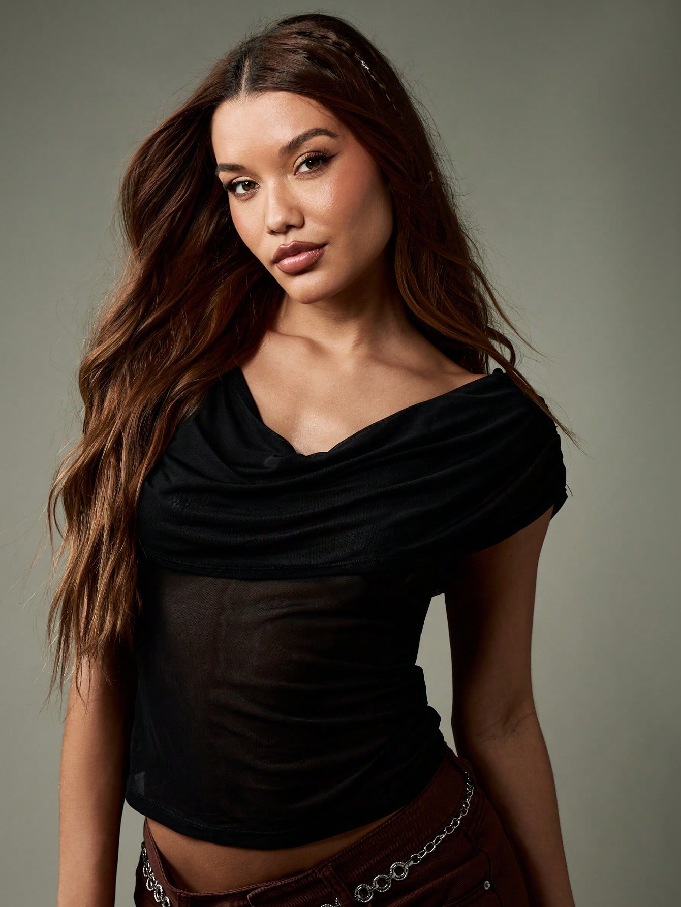 MISSGUIDED Mesh Cowl Neck Top With Drape Detail｜MISSGUIDED