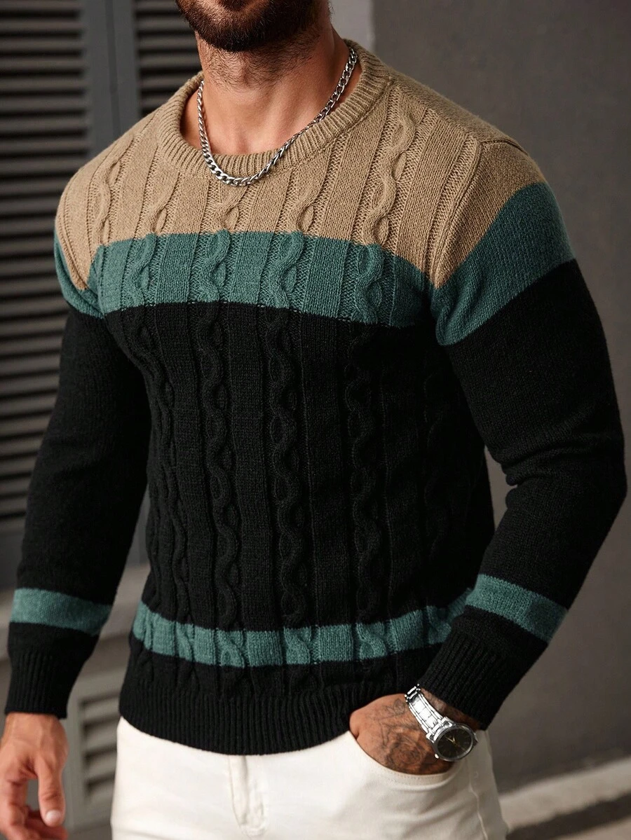 Manfinity Homme Men's Casual Colorblock Patchwork Knit Sweater, Autumn/Winter Cable Knit Sweater ...