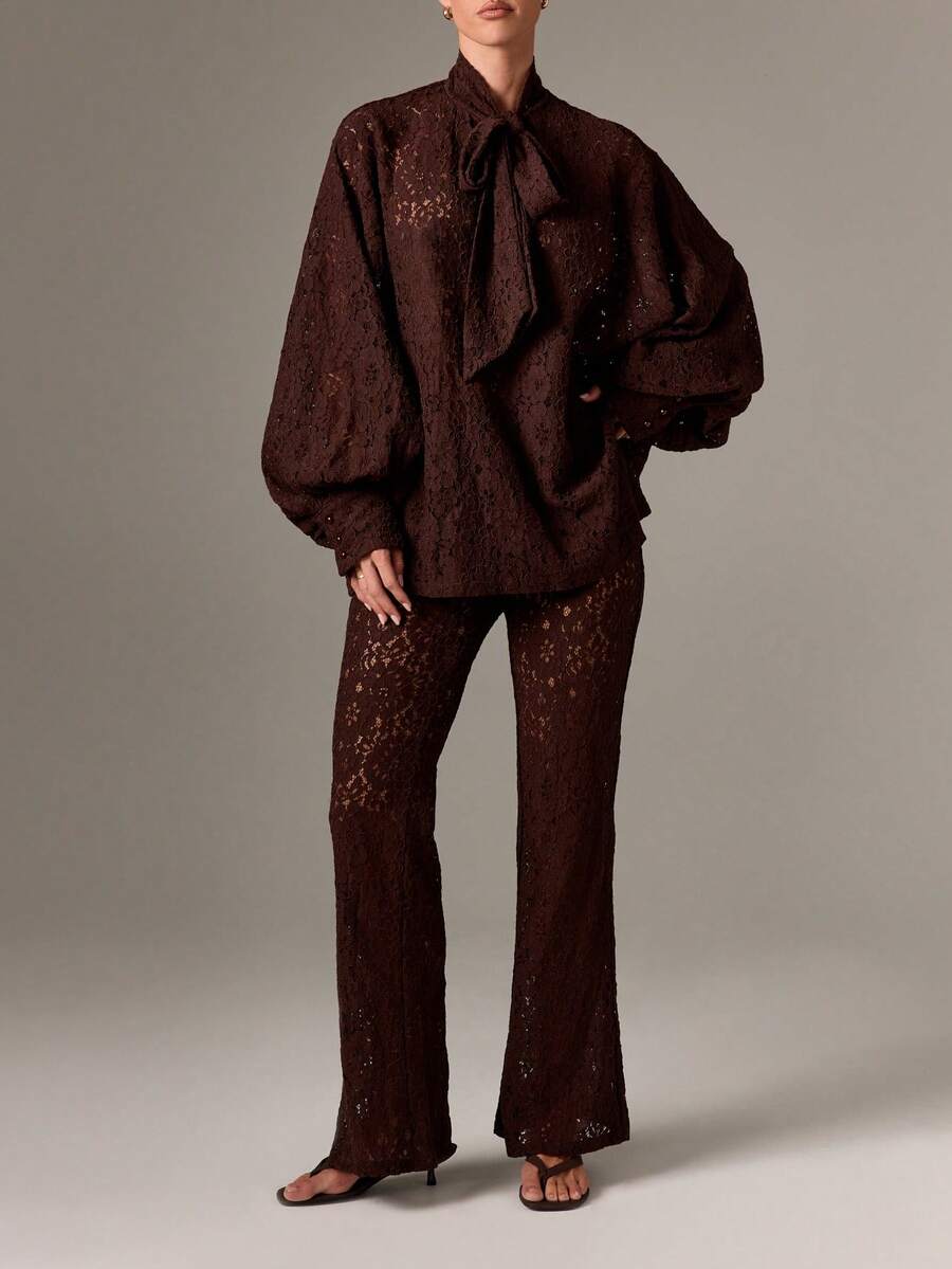 AiiRZ Women's Elegant Lace Two Piece Coordinates - Balloon Sleeve Tie ...