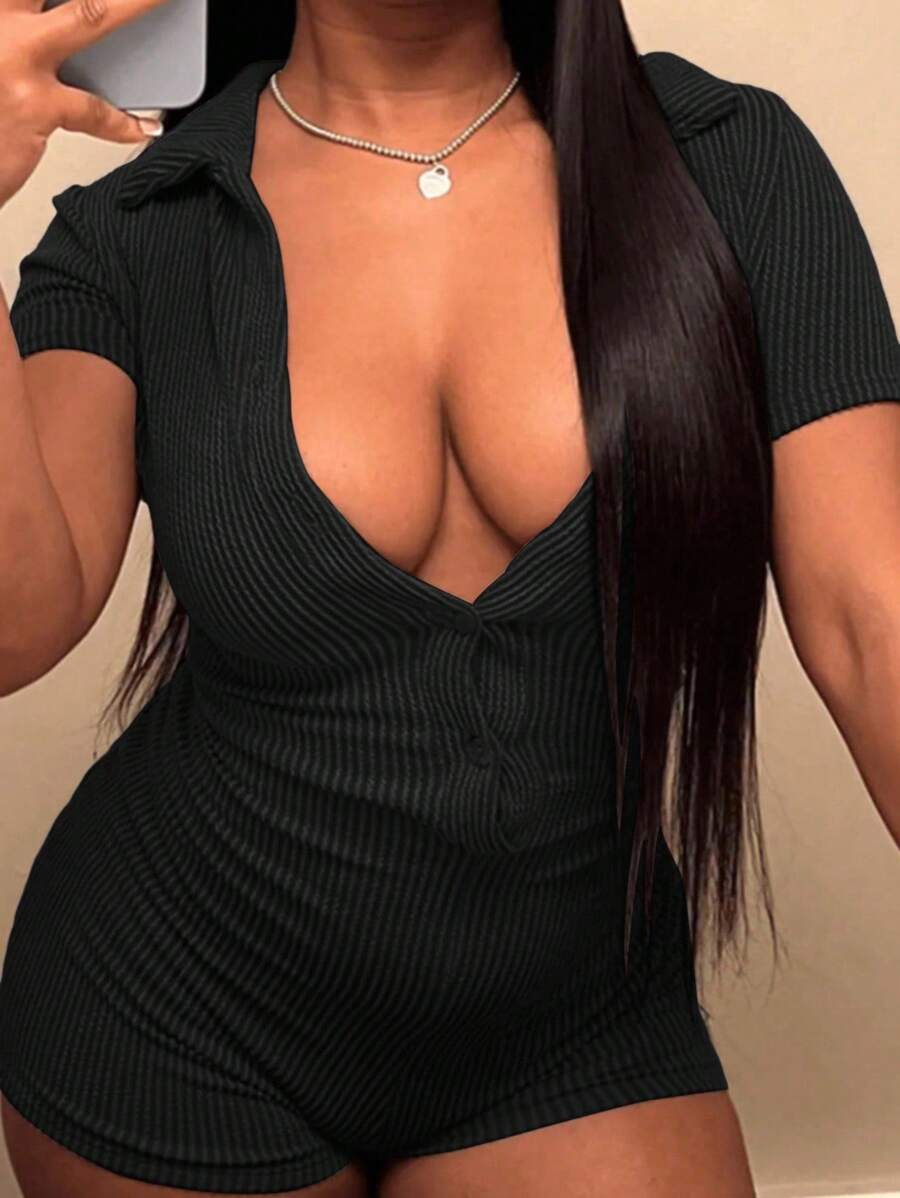 SHEIN Women's Summer Solid Color Front Button Short Sleeve Jumpsuit Unitard | SHEIN USA