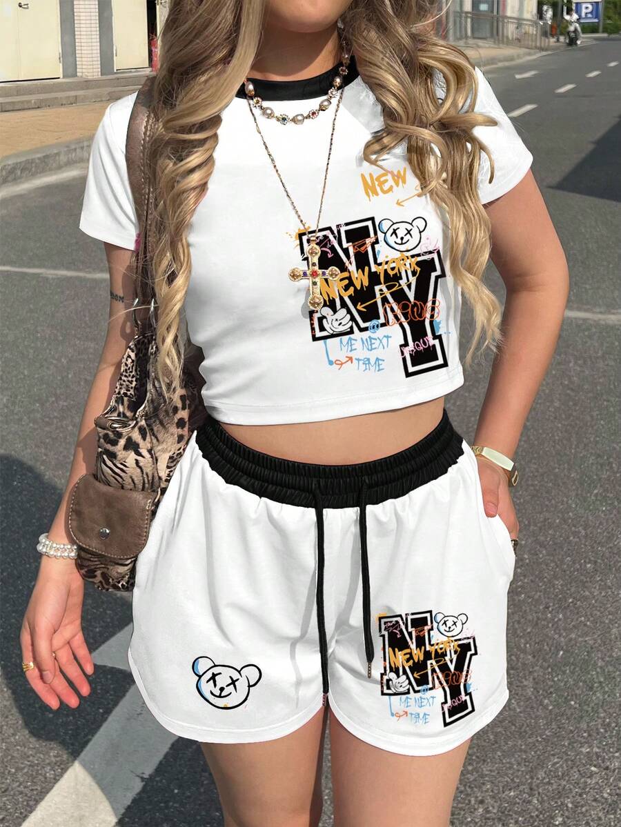Rovax 2pcs Women Letter & Cartoon Bear Print Short Sleeve Cropped T ...
