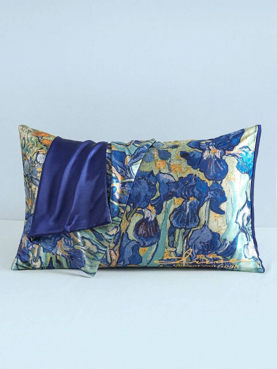 SHEIN Touch of Art 2pcs Iris Flower Print Pillowcase Set, Taffeta Fabric, Comfy Breathable ...