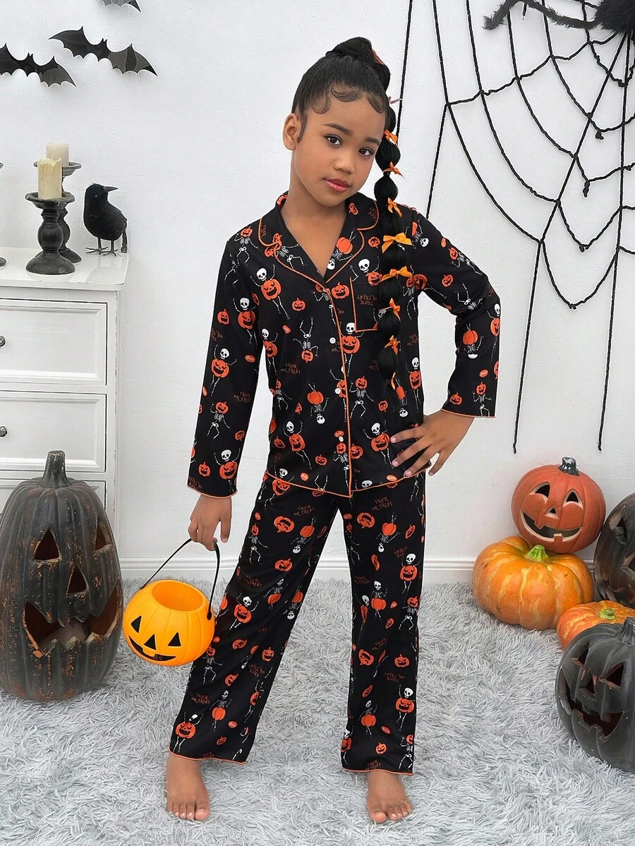 SHEIN Tween Girl Casual Halloween Loungewear Set Kids Halloween Pjs ...