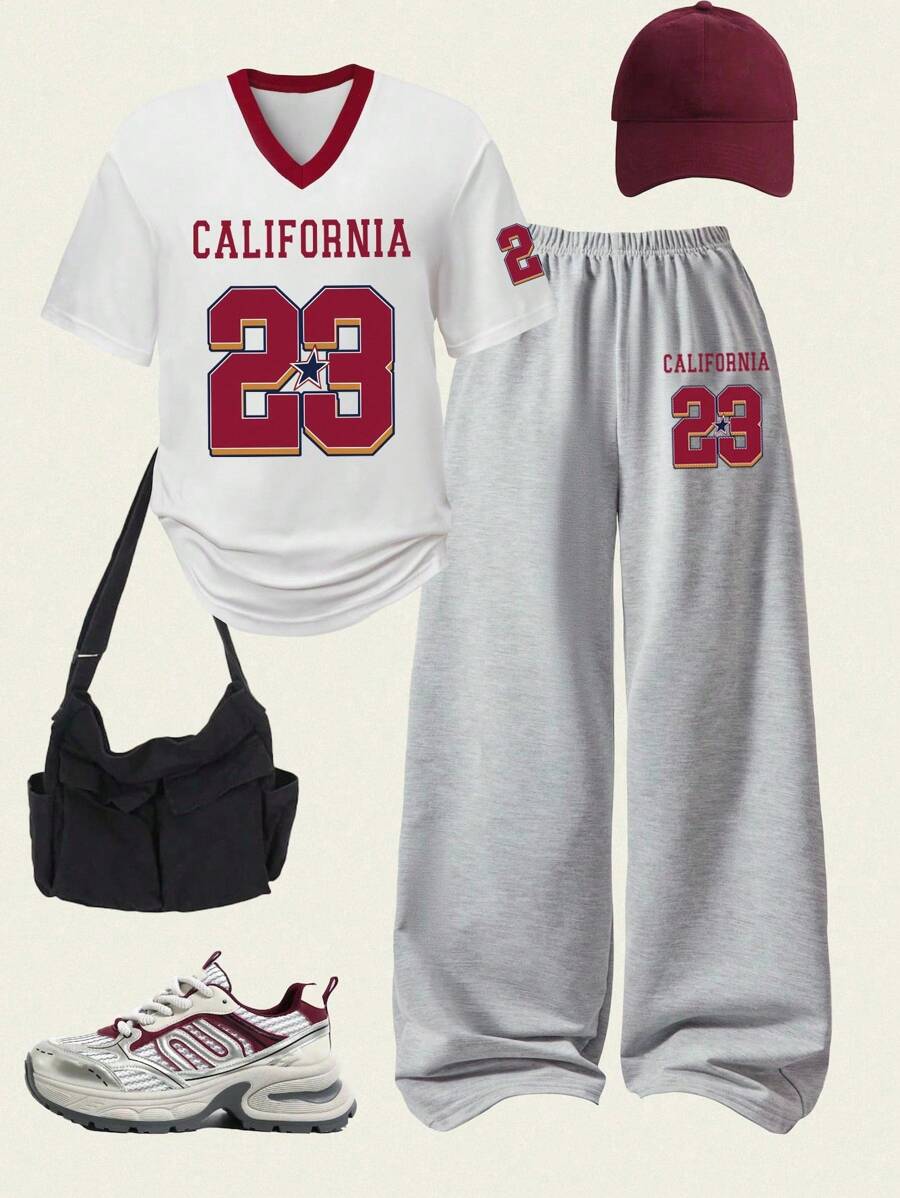 2pcs/Set Casual Collegiate Girl's Numeric Pattern V-Neck Short Sleeve ...