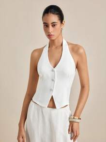 Airaco Top de halter sin espalda informal con botones para verano ...