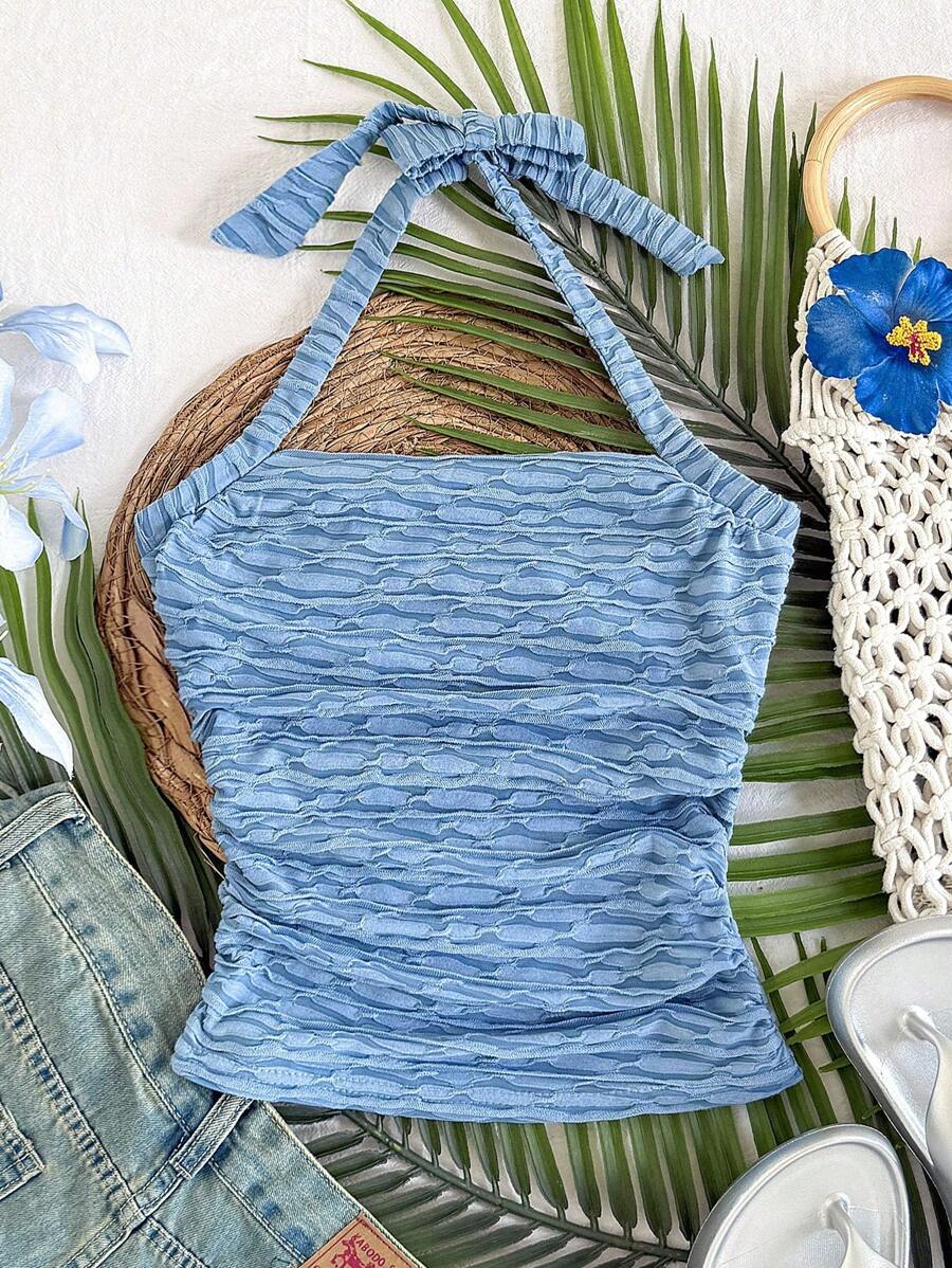 SHEIN Tween Girl Jacquard Pleated Halter Bow Neck Camisole, Blue Halter ...