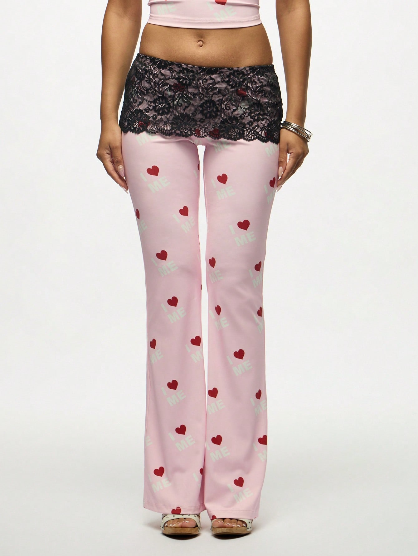 SUMWON WOMEN Pink Hearts Print Lounge Pants High Waist Wide Leg Lace ...