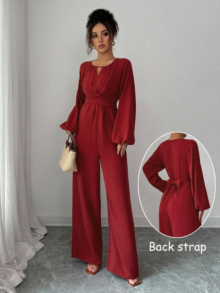 INAWLY Elegant Criss-Cross Waist Fitted Straight Leg Jumpsuit For Women ...