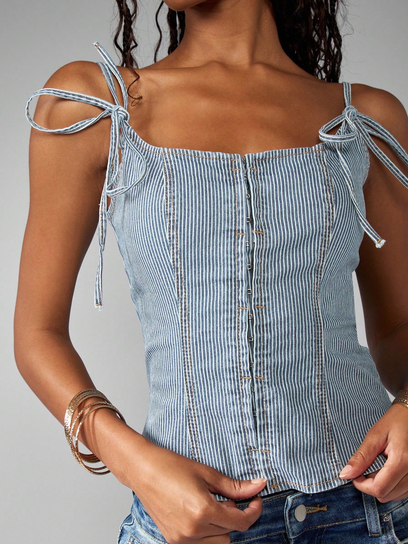MISSGUIDED Striped Denim Corset Top With Tie Straps｜MISSGUIDED
