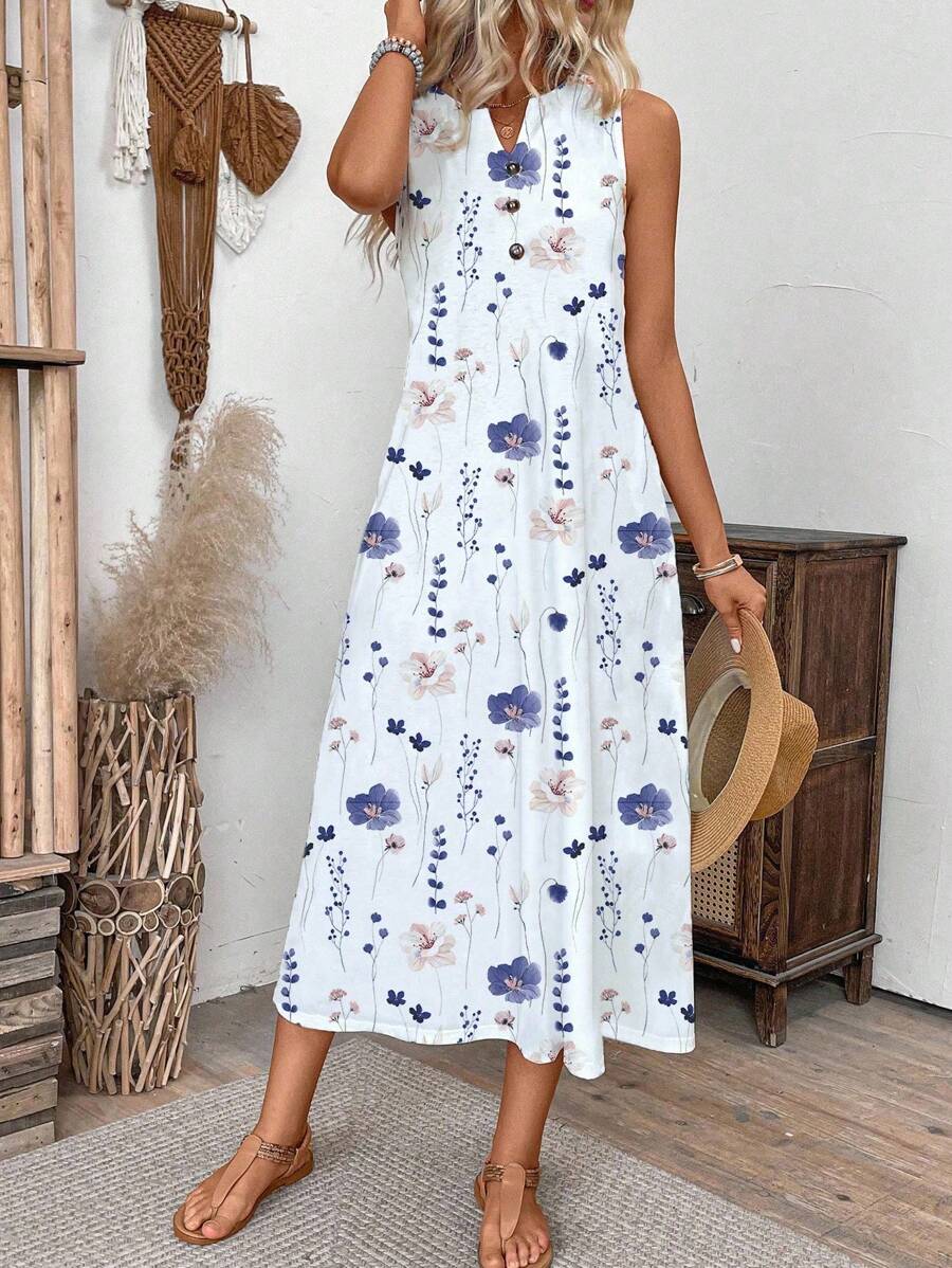 EMERY ROSE Women's Vacation Floral Print Notched V-Neckline Pocketed Long Casual Dress Maxi ...