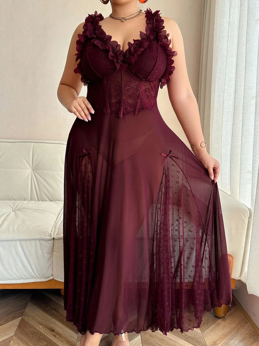 SHEIN Maroon Mesh Plus Size Sleeveless Semi-Sheer Midi Nightgown With ...