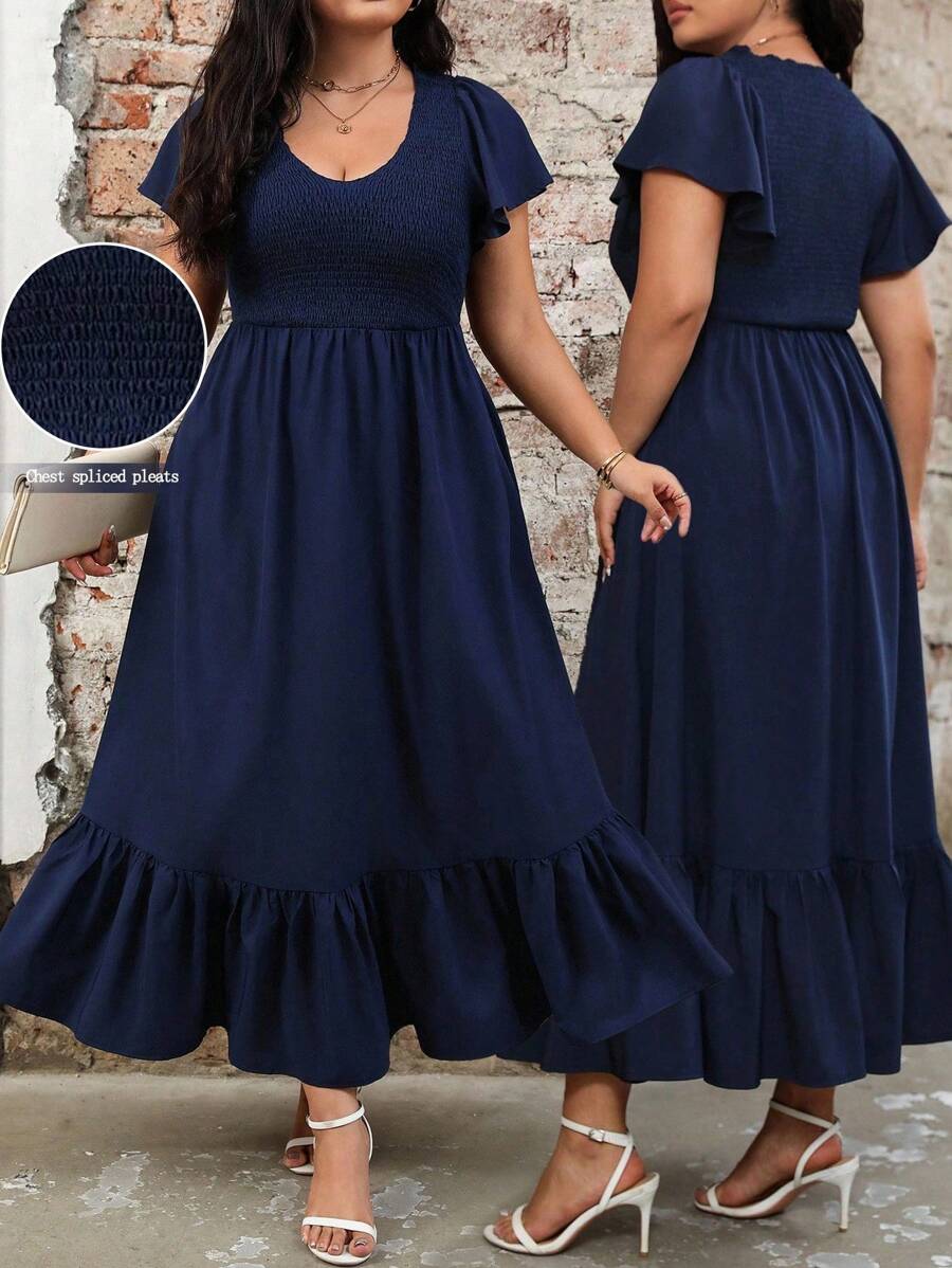 SHEIN LUNE Plus Size Women Woven Solid Color Shirred Short Sleeve ...