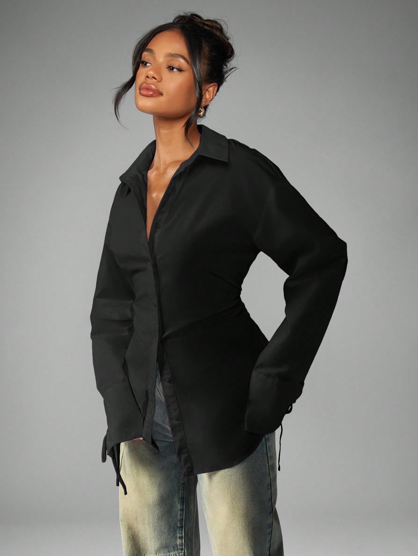 MISSGUIDED Button Down Blouse With Ruched Waist And Tie Cuffs｜MISSGUIDED