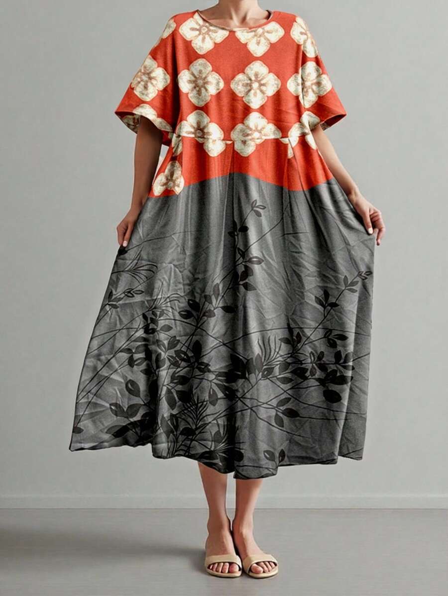 EMERY ROSE Plus Size Floral Print Round Neck Pocket Spring Dress, Regular Women Summer Casual ...