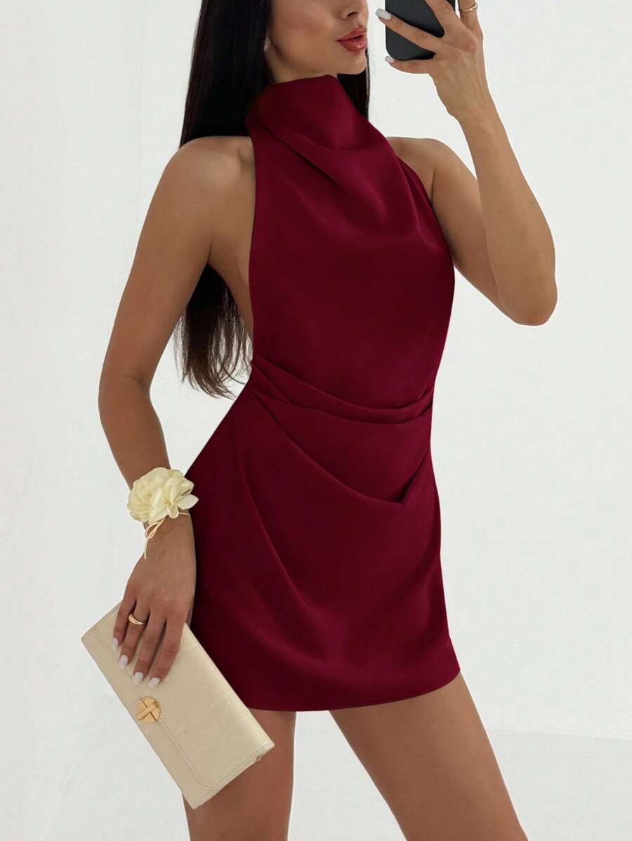 Aloruh Minimalist Backless Tie-Up Pleated Mini Dress For Women,Party ...
