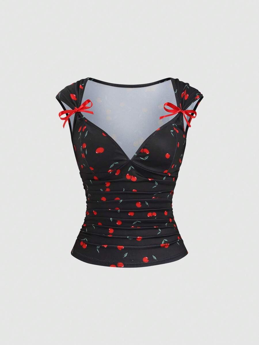 Sweetra Women's New Cherry Blossom Print Short Sleeve Bowknot V-Neck ...