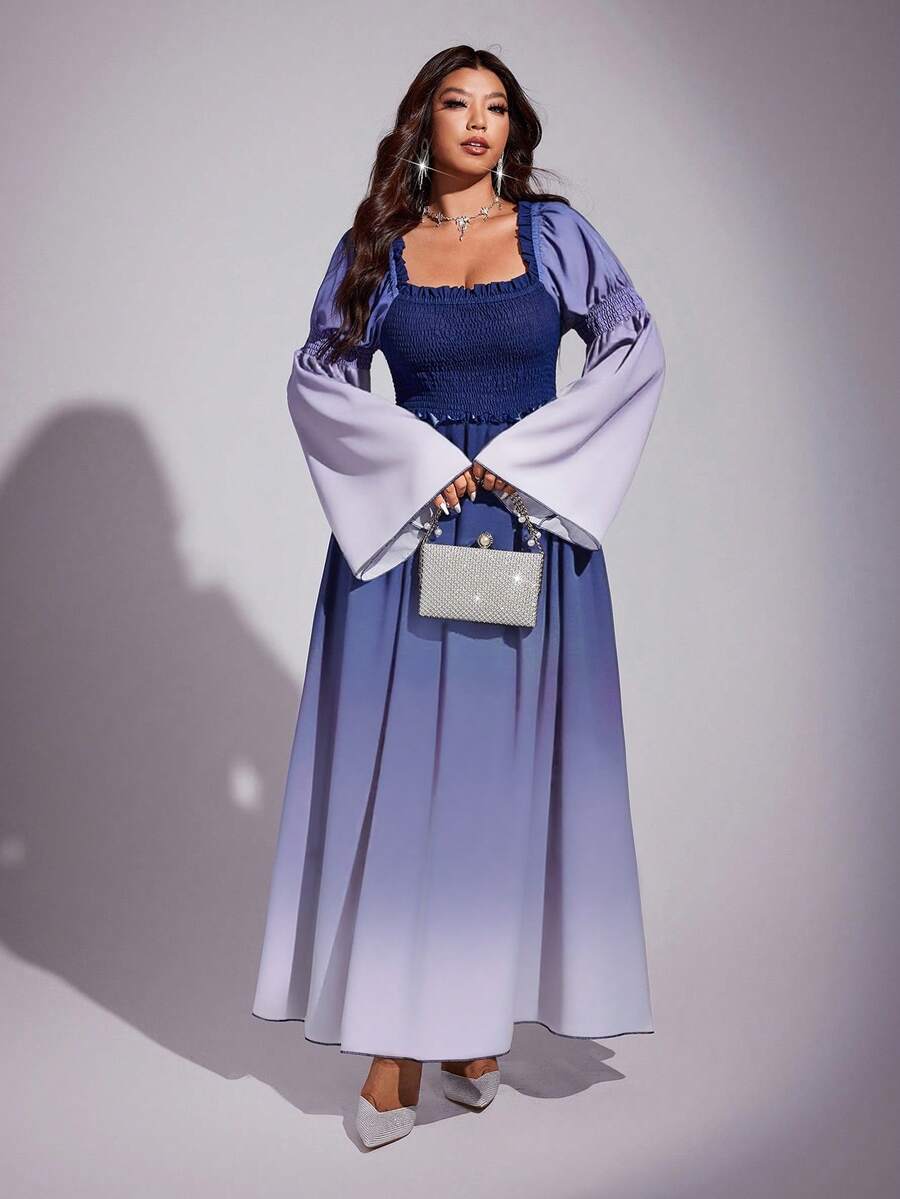Viva Relle Plus Size Women Casual Ombre Waist Cinched Long Dress Fall ...