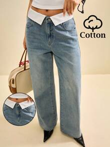 SHEIN Unity Calça jeans feminina casual com estampa de blocos de cores ...