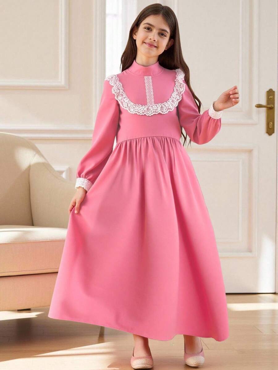 SHEIN 1pc Tween Girls Elegant Middle Eastern Rose Red Collar Lace Trim ...