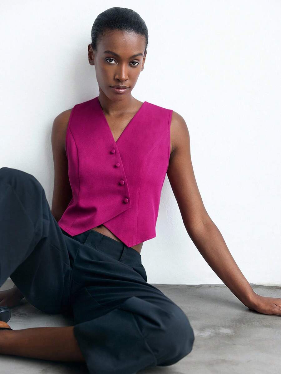 Maija Asymmetrische ärmellose lila-rote Lässig Cardigan, urbaner Stil ...