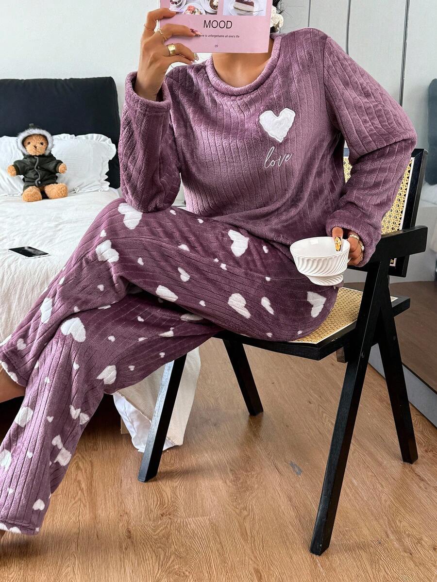 Dream Adore Pink And Purple Flannel Long-Sleeved Pajamas Set, Heart ...