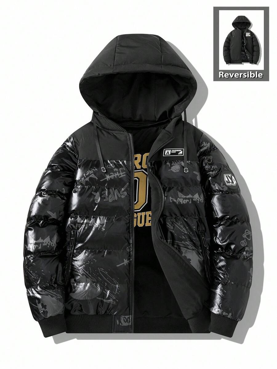 Manfinity Homme Men's Letter Graphic Zip-Up Casual Reversible Hooded Jacket, Winter for Sale ...