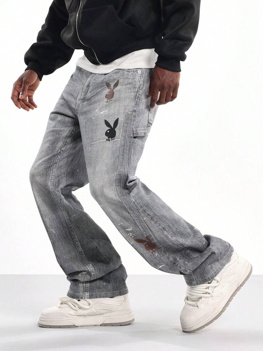 PLAYBOY X SUMWON Flare Fit Bunny Logo Printed Distressed Wide Leg ...