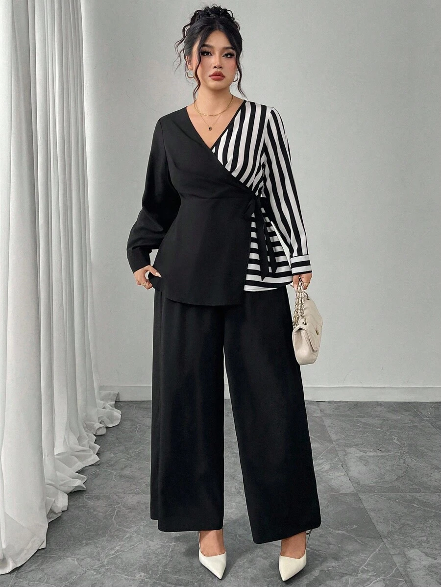 Modelyn Plus Size V-Neck Long Sleeve Top And Solid Color Wide Leg Pants 2 Pieces Set Fall Cloth ...