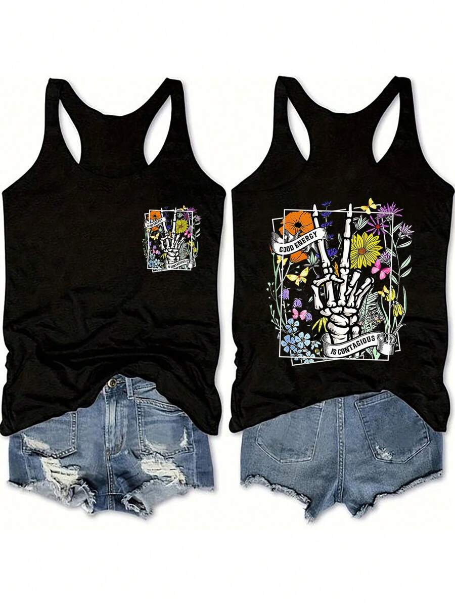 SHEIN LUNE Women's Casual Floral & Skull Graphic Summer Tank Top ...