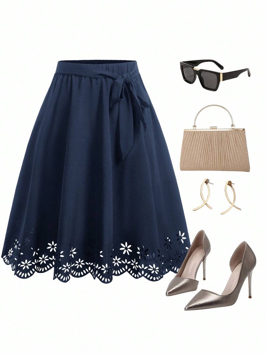Ellevyn Falda elegante de línea A con corte láser y cordón en la ...