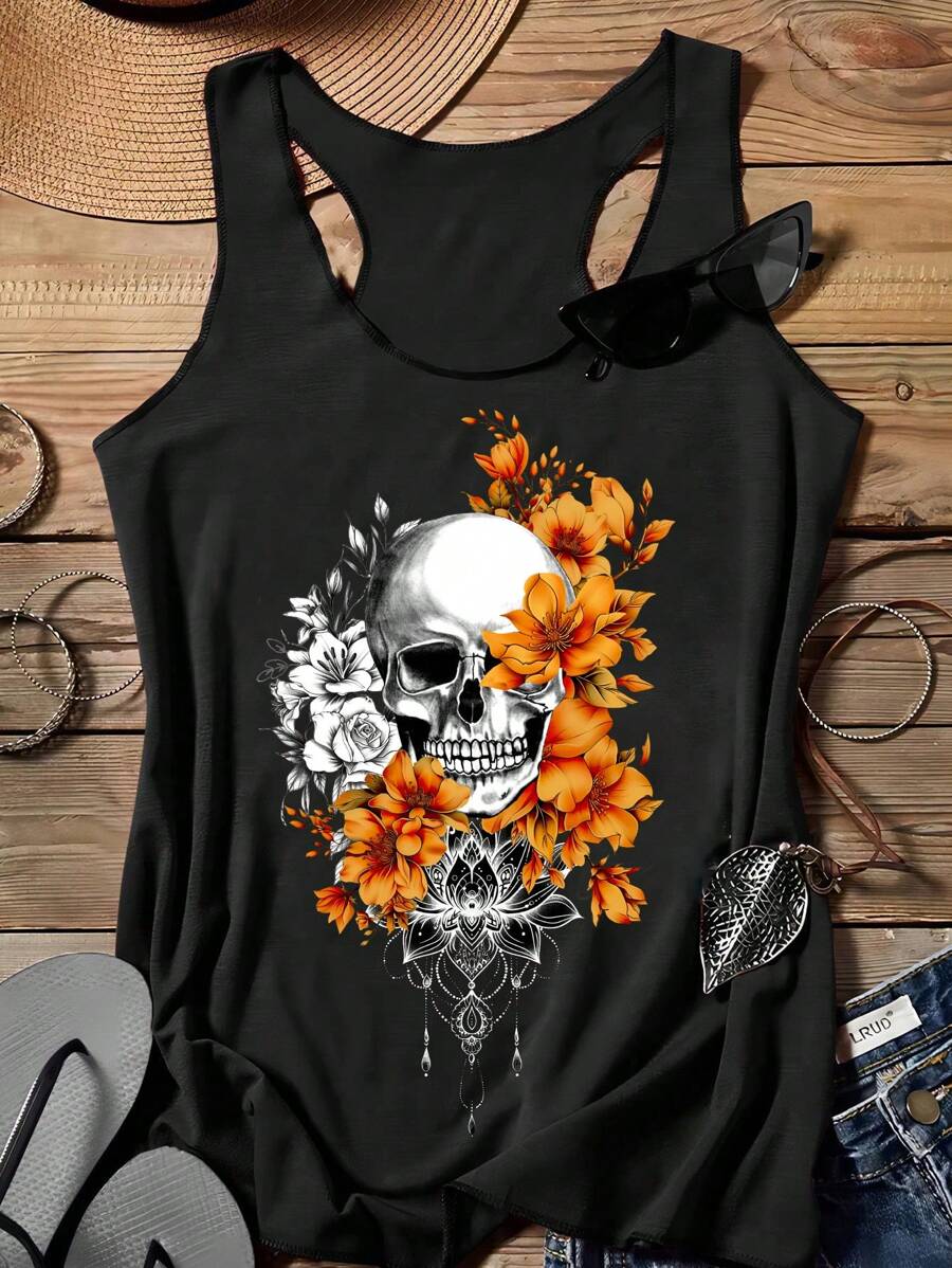 SHEIN LUNE Women's Casual Skull & Floral Pattern Tank Top, Suitable For ...