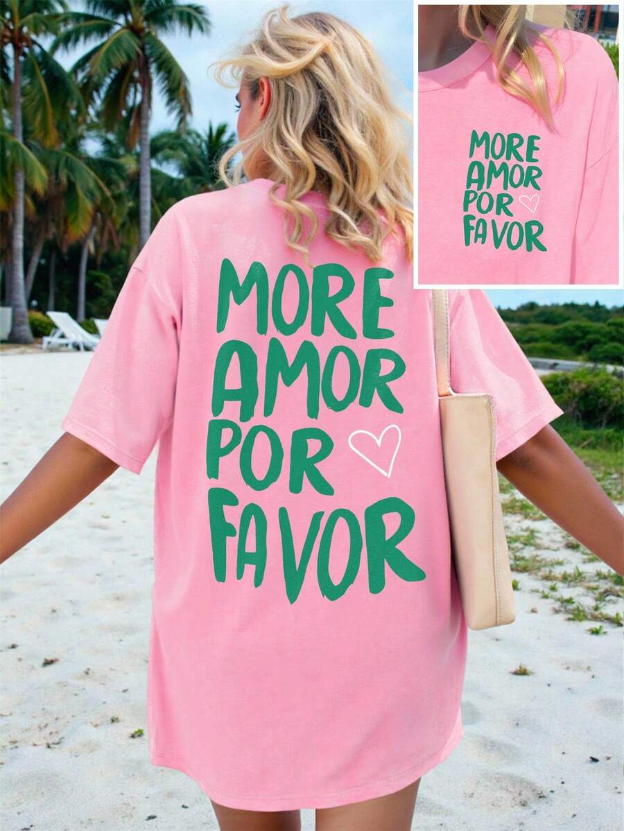 DrmWander Camiseta Casual de Manga Curta com Estampa de Letra Plus Size ...