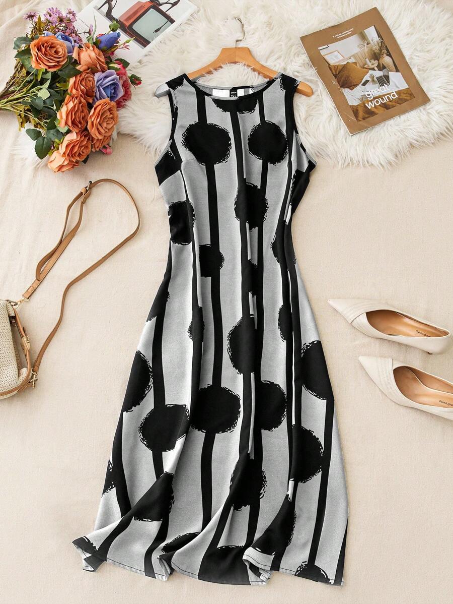 SHEIN LUNE Vestido casual sin mangas de cuello redondo con estampado de ...